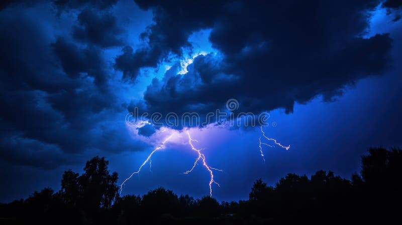 Dramatic Lightning Strikes Illuminate a Dark Blue Sky Filled with ...