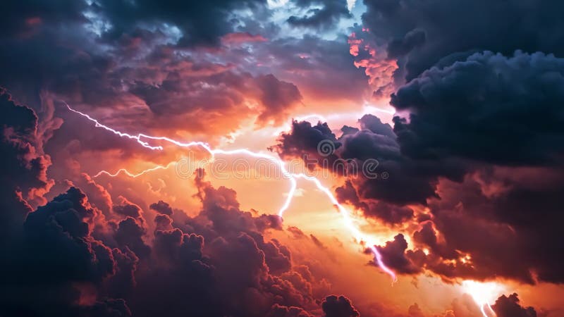 Dramatic Lightning Strikes Illuminate Stormy Clouds at Sunset Stock ...
