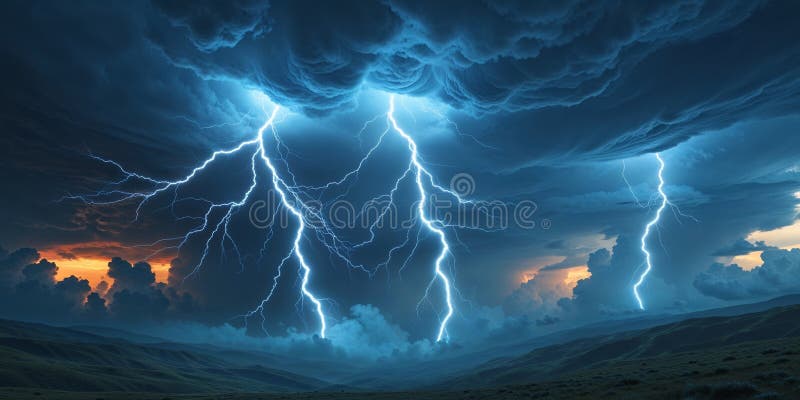 Dramatic Lightning Strikes Illuminate a Stormy Night Sky Over Rolling ...