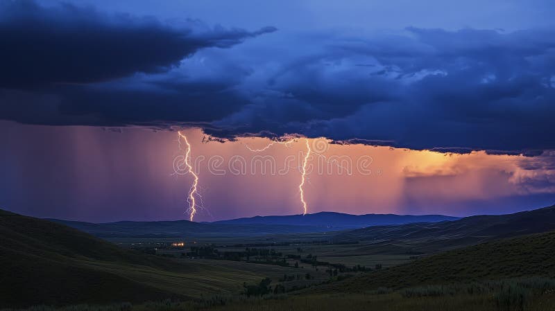 Dramatic Lightning Strikes Illuminate a Vast, Rolling Landscape at Dusk ...