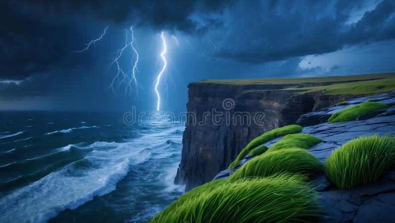 Dramatic Lightning Storm Over Ocean Cliff Stock Illustration ...