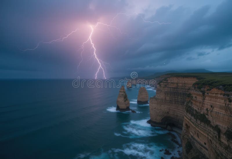 Dramatic Lightning Strikes Over Coastal Cliffs at Dusk Stock ...