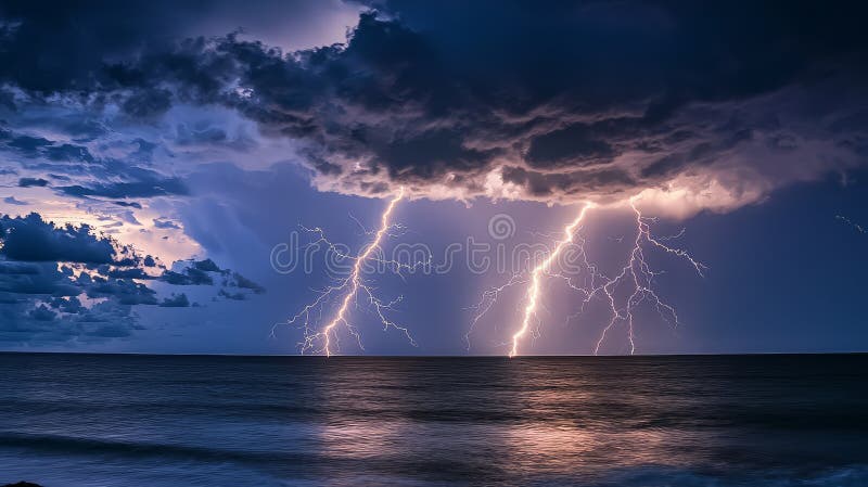 Dramatic Lightning Strikes Over a Dark Ocean at Night. (1 Stock Image ...