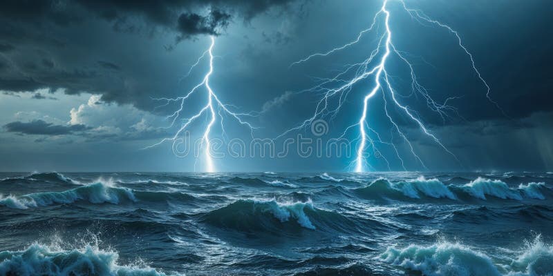 Dramatic Lightning Strikes Over Dark Ocean Waters Under Stormy Sky ...