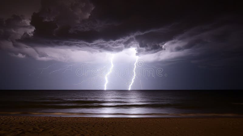 Dramatic Lightning Strikes Over Dark Ocean Waves at Night Stock Image ...