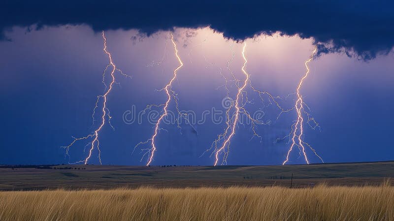 Dramatic Lightning Strikes Over a Flat, Grassy Field Under a Dark ...