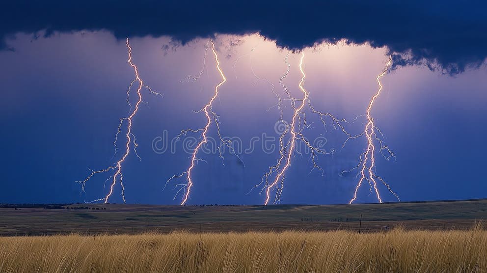 Dramatic Lightning Strikes Over a Flat, Grassy Field Under a Dark ...