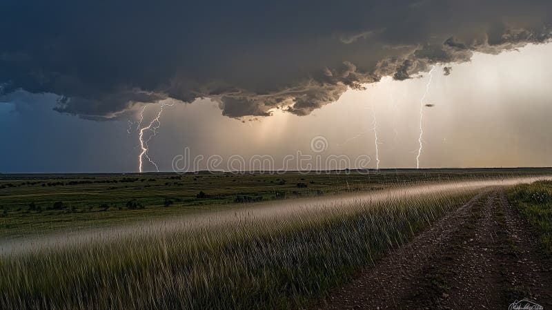 Dramatic Lightning Strikes Over Flat Grassy Plains and a Dirt Road ...