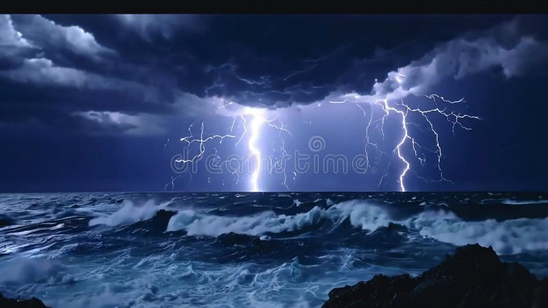 Dramatic Lightning Strikes Over the Ocean with Large Waves Crashing on ...