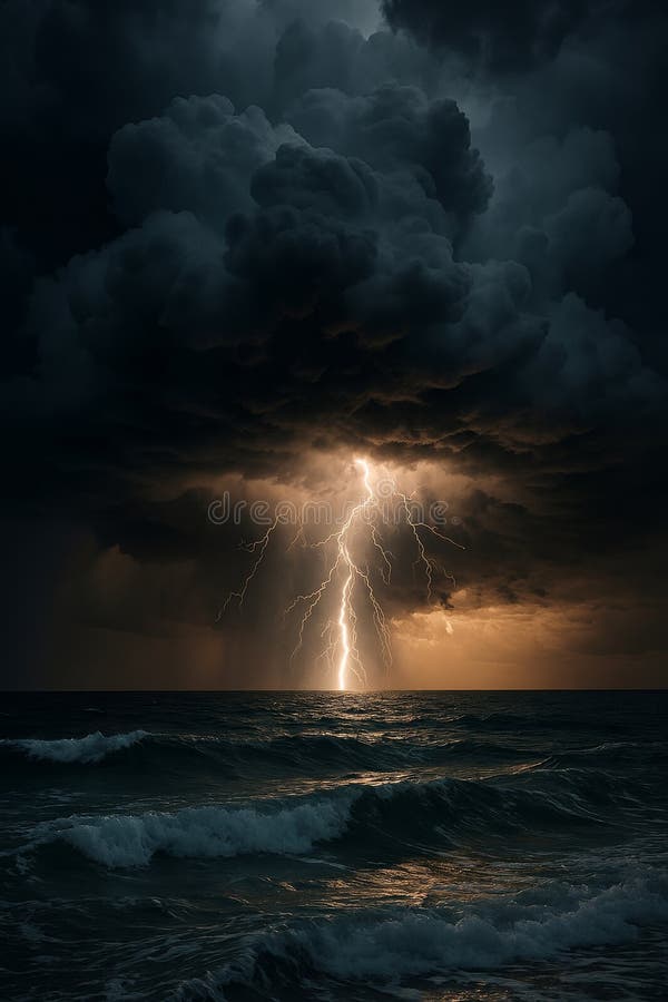 Dramatic Lightning Strikes Over Ocean Waters Dusk Stormy Evening Stock Photos - Free & Royalty ...