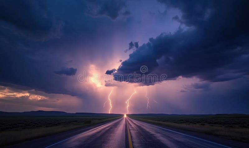 Dramatic Lightning Strikes Over Open Road at Dusk, Captivating Stormy ...
