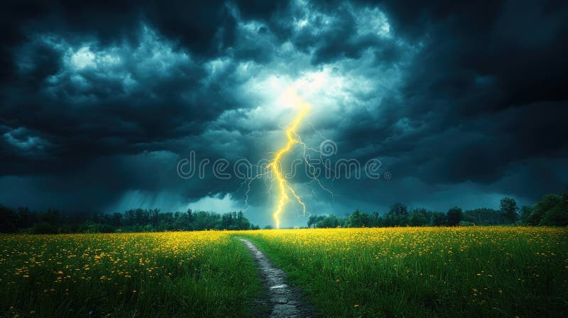 Dramatic Lightning Strikes Over Scenic Field Stormy Skies Stock Photos ...