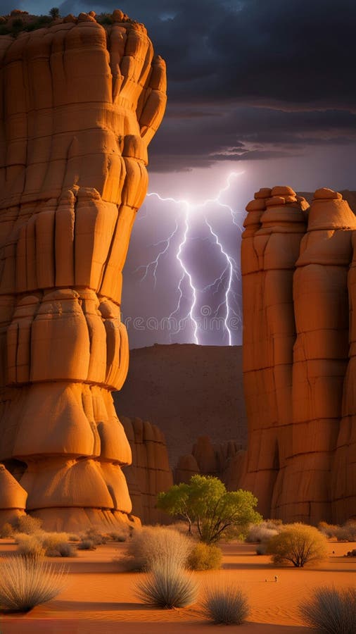 Dramatic Lightning Strikes Over Towering Desert Rock Formations Stock ...