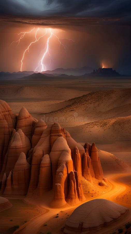 Dramatic Lightning Strikes Over Towering Desert Rock Formations Stock ...