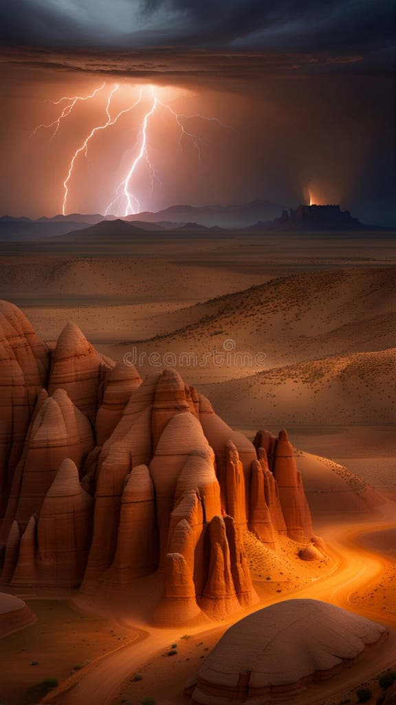 Dramatic Lightning Strikes Over Towering Desert Rock Formations Stock ...