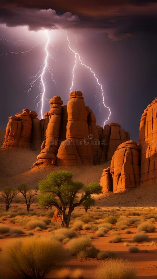 Dramatic Lightning Strikes Over Towering Desert Rock Formations Stock ...