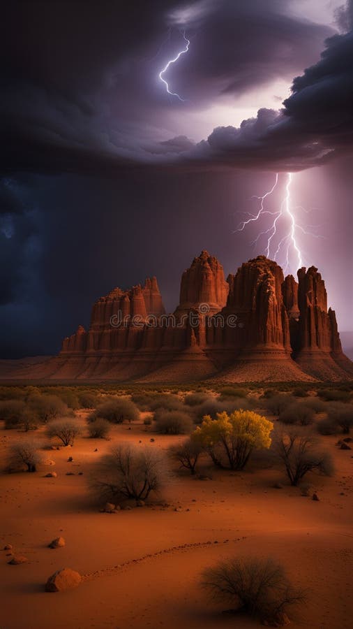 Dramatic Lightning Strikes Over Towering Desert Rock Formations Stock ...