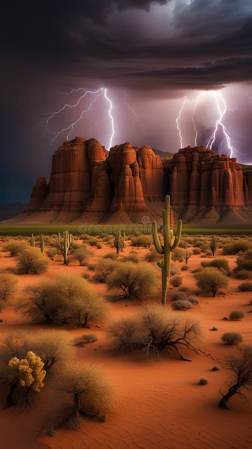 Dramatic Lightning Strikes Over Towering Desert Rock Formations Stock ...