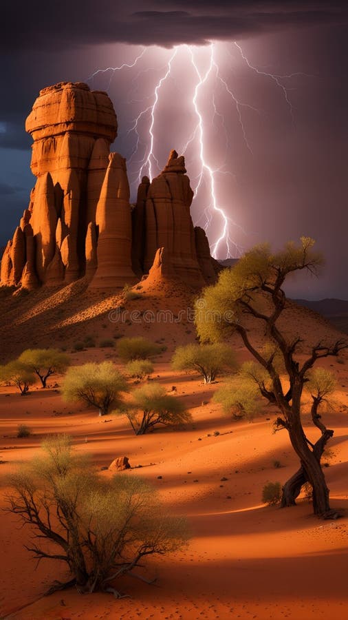 Dramatic Lightning Strikes Over Towering Desert Rock Formations Stock ...