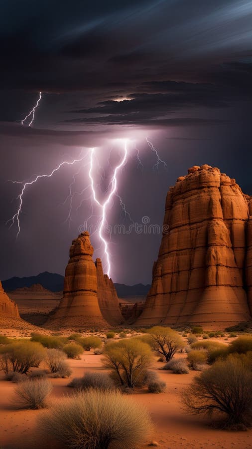 Dramatic Lightning Strikes Over Towering Desert Rock Formations Stock ...