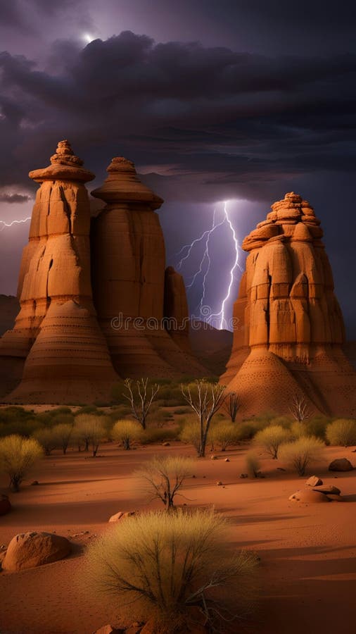 Dramatic Lightning Strikes Over Towering Desert Rock Formations Stock ...