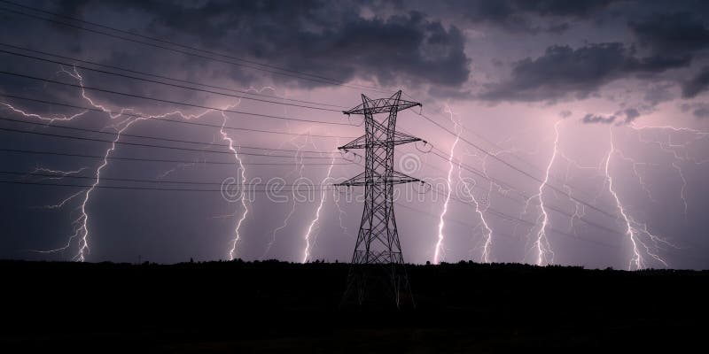 Dramatic Lightning Strikes Power Tower Night Sky Electricity Storm Art ...