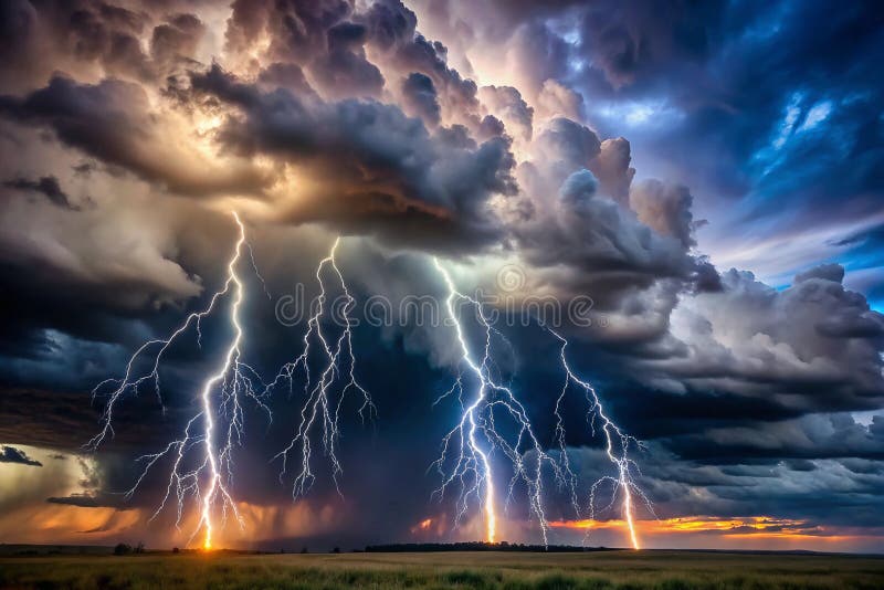 Dramatic Lightning Strikes during a Powerful Thunderstorm Over a Flat ...