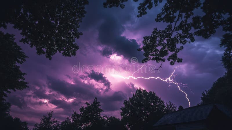 Dramatic Lightning Strikes through Purple Storm Clouds in a Captivating ...