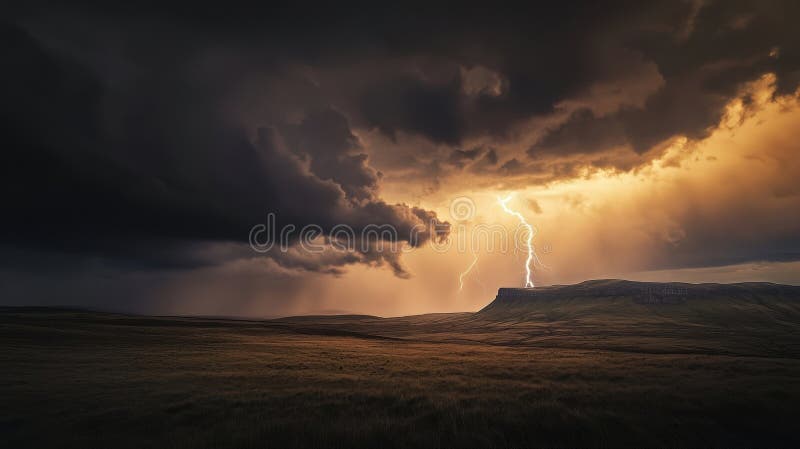 Dramatic Lightning Strikes in a Stormy Landscape with Dark Clouds Stock ...