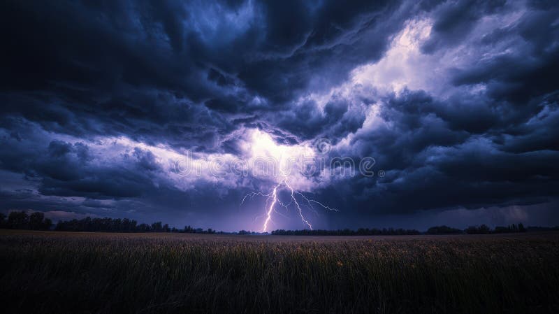 Dramatic Lightning Strikes Under Dark Stormy Skies Over Open Field ...
