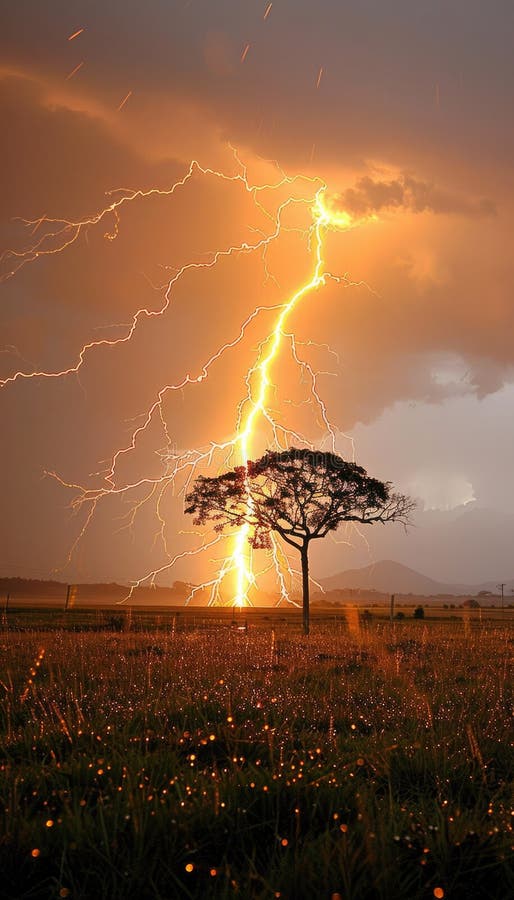 Dramatic Lightning Striking a Lone Tree during a Stormy Evening in an ...