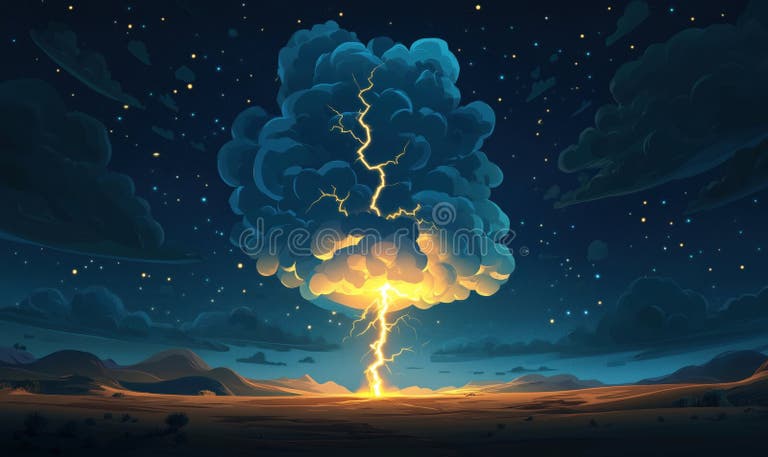 Dramatic Lightning Striking a Massive Cloud Formation in a Starry Night ...