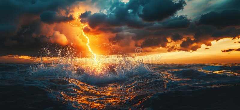 Dramatic Lightning Striking Ocean Waves during Sunset with Turbulent ...