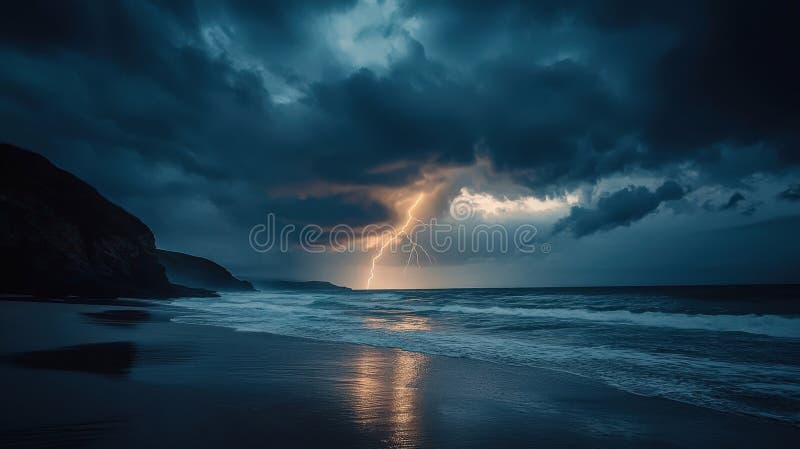 Dramatic Lightning Striking Ocean Waves Under Dark Stormy Clouds at ...