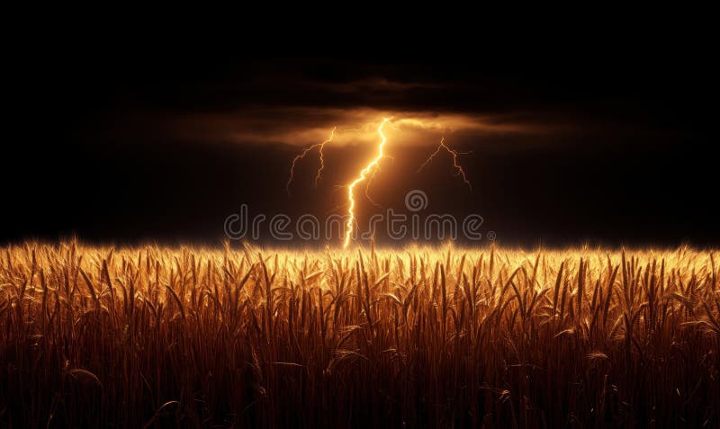 Dramatic Lightning Striking Over Golden Wheat Field Under Dark Stormy ...