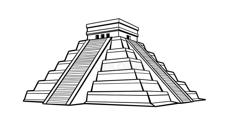 Dramatic Line Art Illustration of Chichen Itza Mayan Pyramid Stock ...