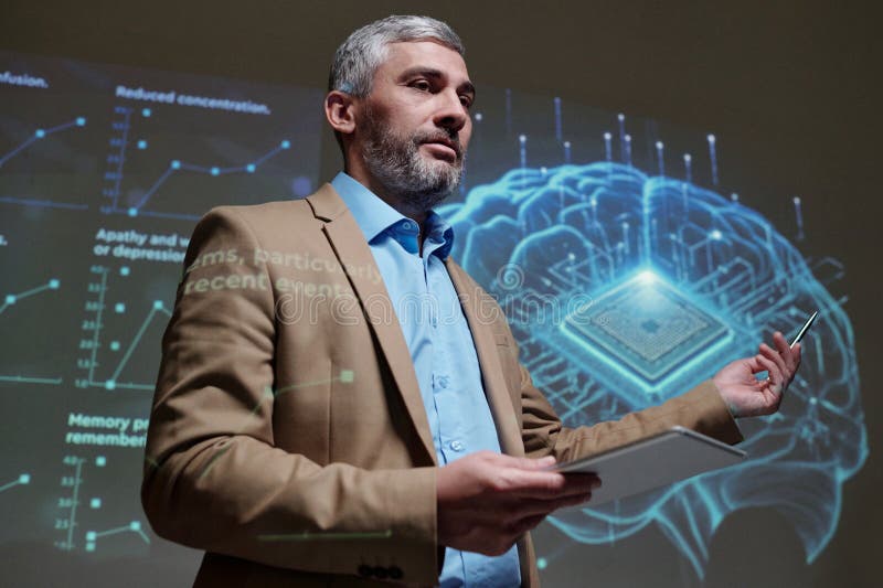 Neurology Expert Giving Presentation on Brain Implants Gesturing at ...