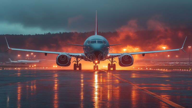 Dramatic Low Angle View of Airplane on Runway at Sunset Stock ...