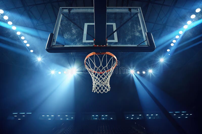 Dramatic Low Angle View of Basketball Hoop in Arena Spotlight Stock ...