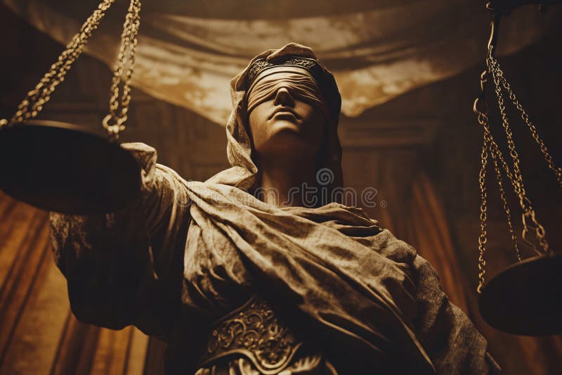 Dramatic Low Angle View of Blindfolded Statue of Justice Holding Scales ...