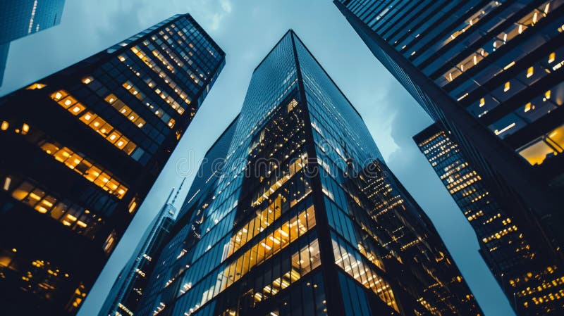 Dramatic Low Angle View of Modern Skyscrapers with Illuminated Windows ...