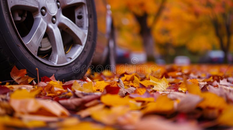 Dramatic Low Angle View of a Tire Alongside Vibrant Autumn Leaves in ...