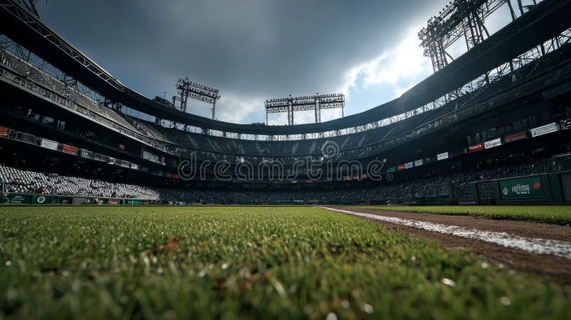 Dramatic Low-Angle View of Towering Baseball Stands Under Brooding Sky ...