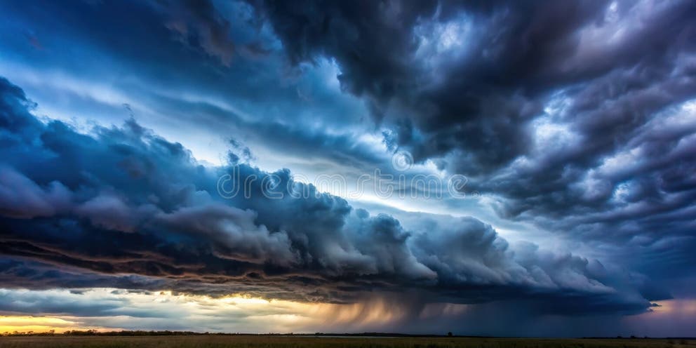 A Dramatic Low-hanging Shelf Cloud Over a Flat Landscape during a Powerful Storm. Generative AI ...