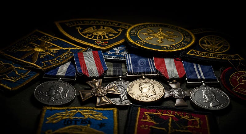 Military Medals and Patches: a Darkly Lit, Somber Display Stock Image ...