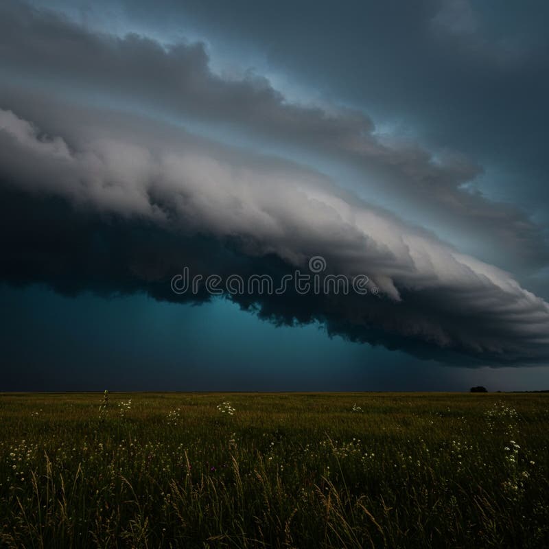 Dramatic, Low-lying Storm Clouds Form a Shelf Cloud Over a Vast, Grassy Field. the Sky Stock ...