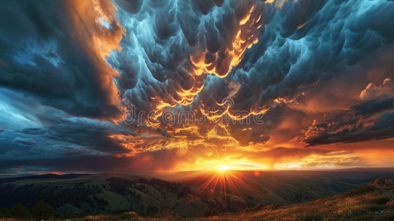 Dramatic Mammatus Clouds from High Mountain Viewpoint with Sunlight ...