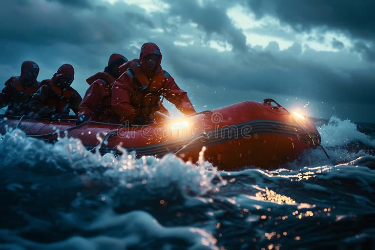 Dramatic Maritime Emergency with Lifeboat Launch Under Storm Clouds and ...