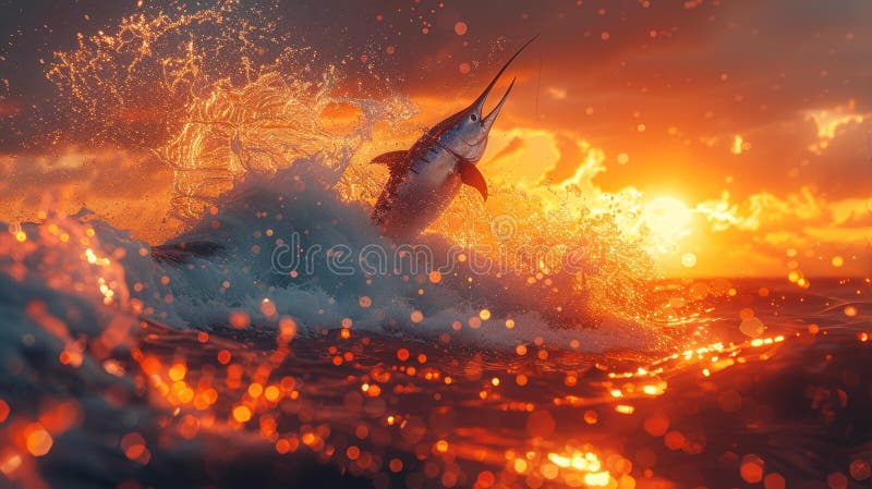 Dramatic Marlin Jumping at Sunset - Generative Ai Stock Illustration ...