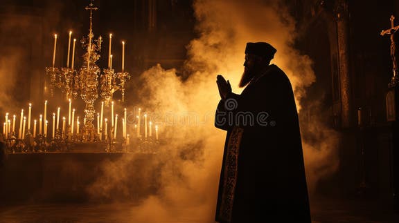 Dramatic Minimalist Easter Scene Featuring an Orthodox Priest in a Dark ...